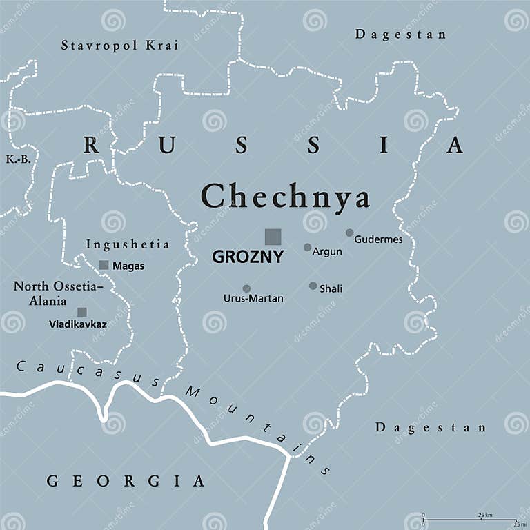 Chechnya, the Chechen Republic, Gray Political Map, with Capital Grozny ...