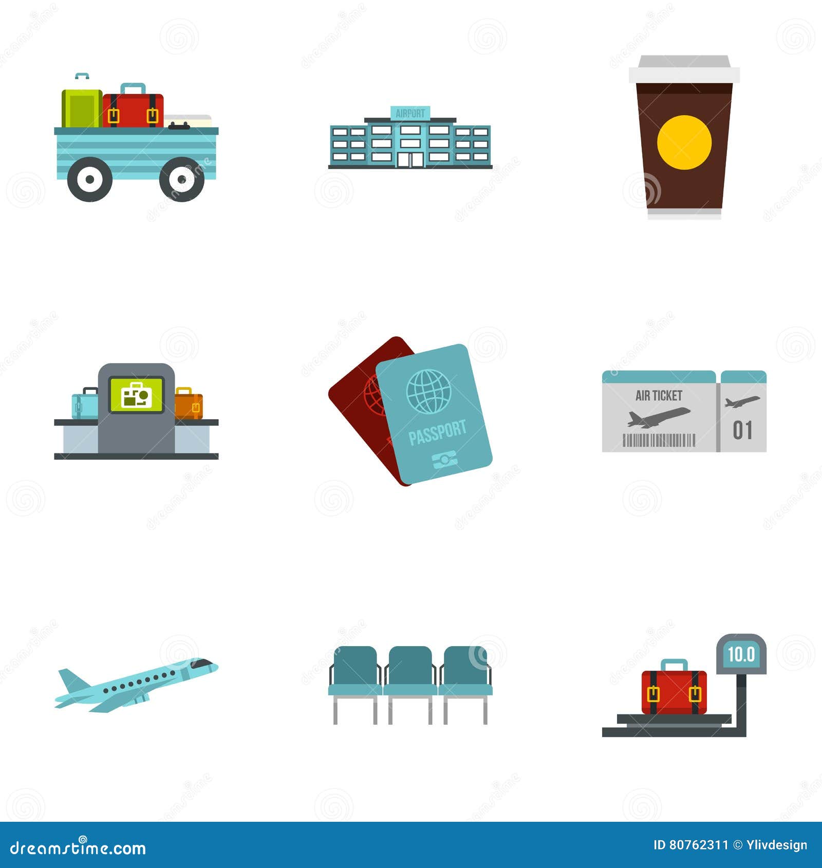 Check at Airport Icons Set, Flat Style Stock Vector - Illustration of ...