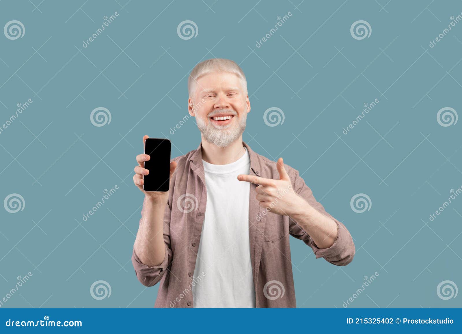 Check this App. Joyful Albino Guy Holding and Pointing Finger at ...