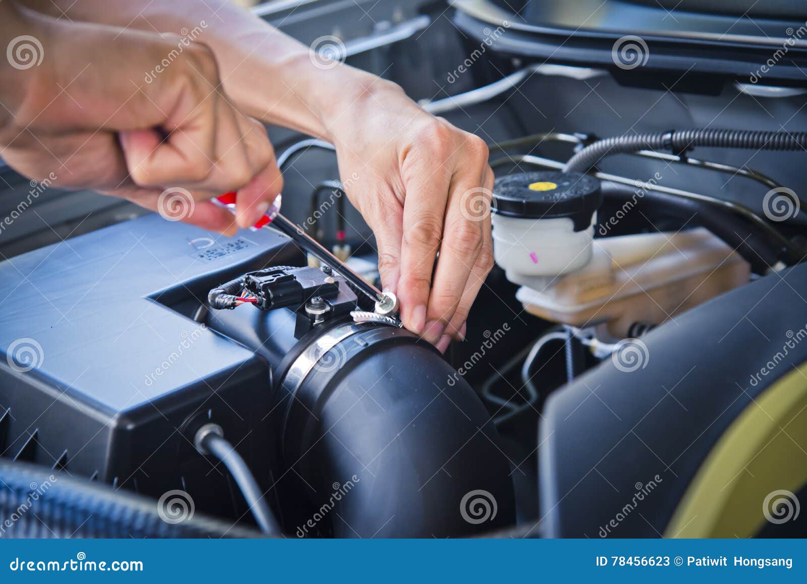Check the car engine. stock image. Image of person, service - 78456623