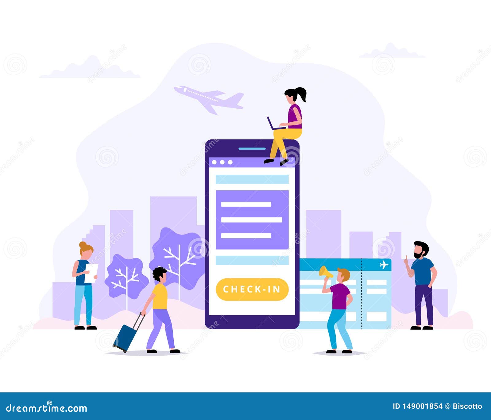 Check-in, Concept Illustration with Smartphone, Boarding Pass. Small ...