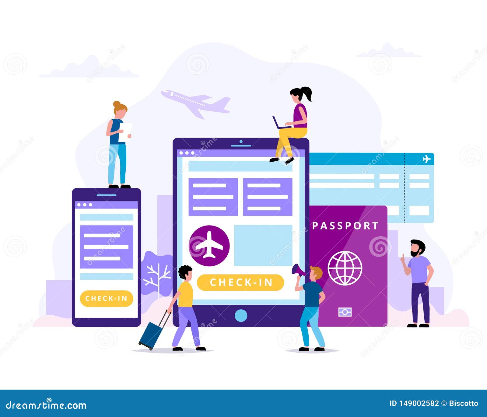 Check-in, Concept Illustration with Tablet, Smartphone, Passport ...