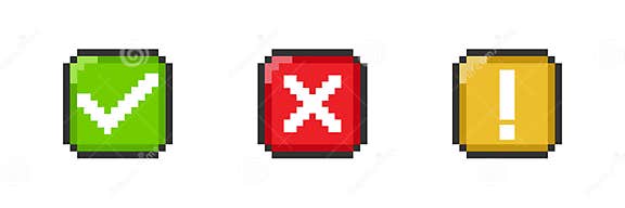 Check, Cross and Exclamation Mark Icon in Pixel Style. 8 Bit Square ...