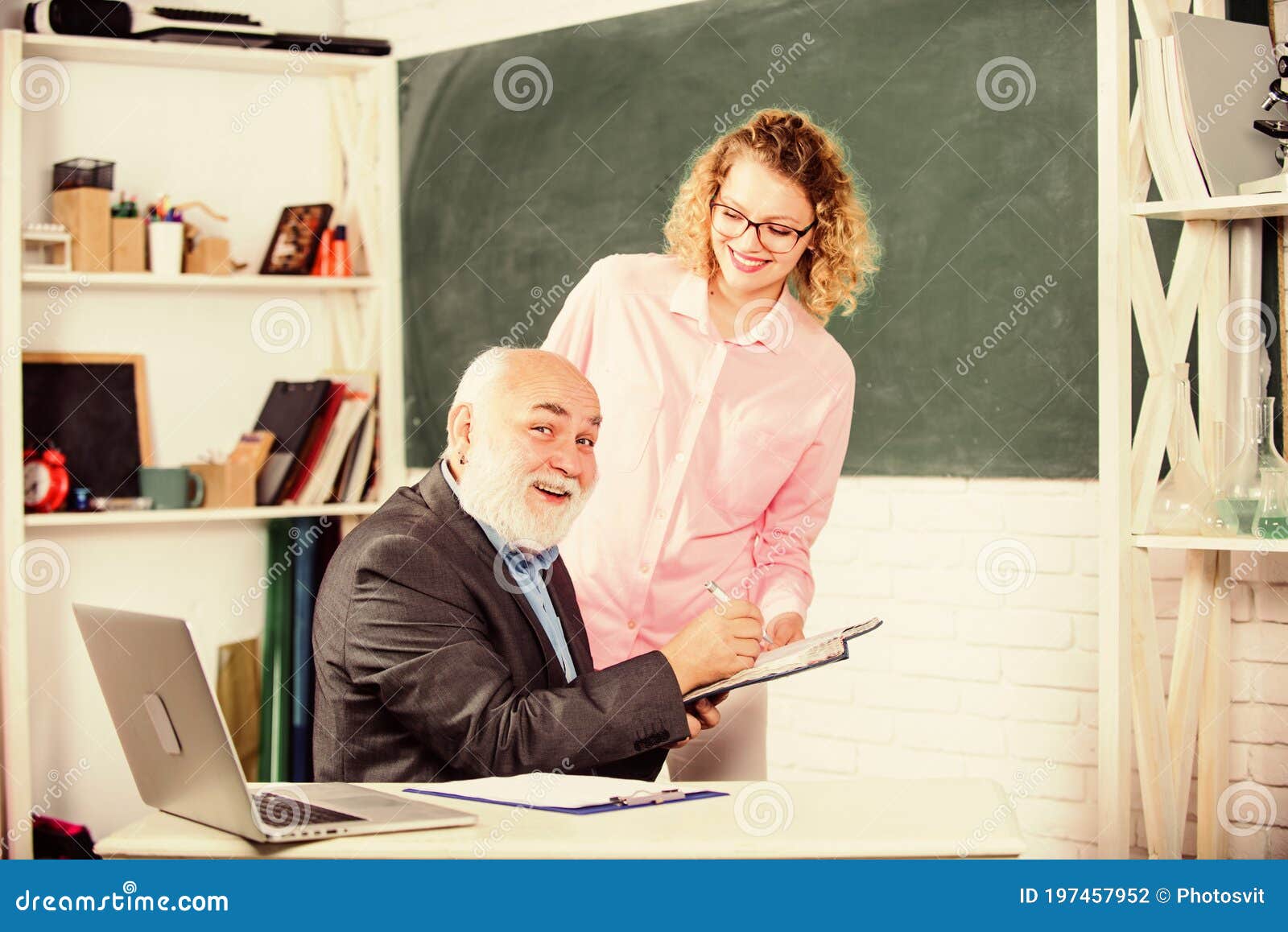 Check Homework. Teacher Formal Wear And Glasses Looks Smart, Chalkboard ...