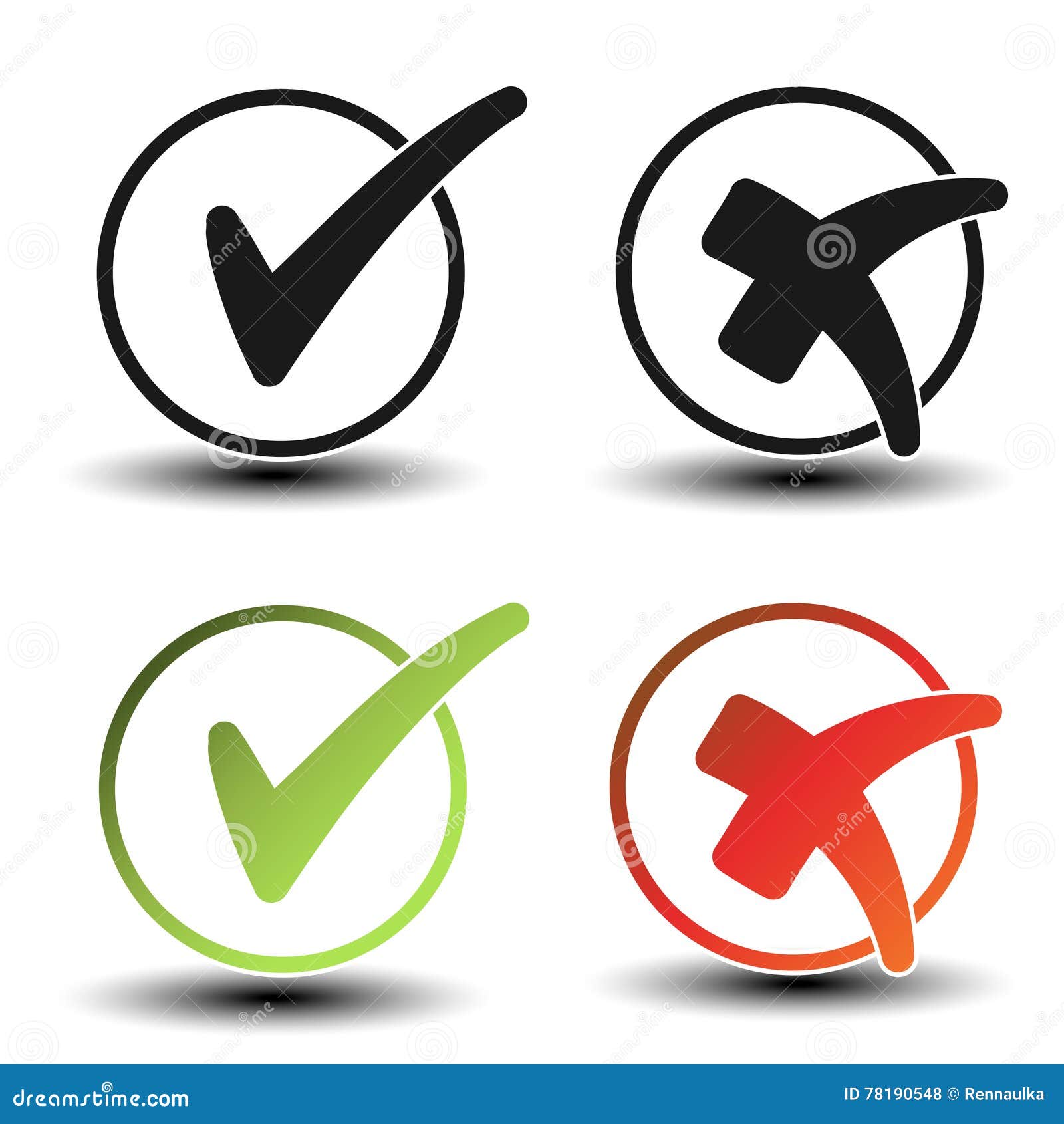 Check Mark Black, Green and Red Simple Symbols, Circular Buttons with ...