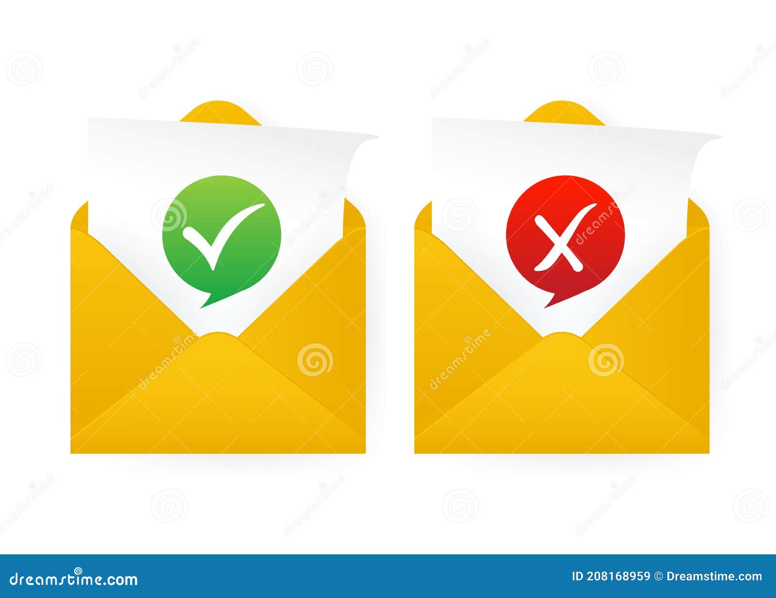 Check Mark in Envelope. Approved and Rejected. Yellow Template on White ...
