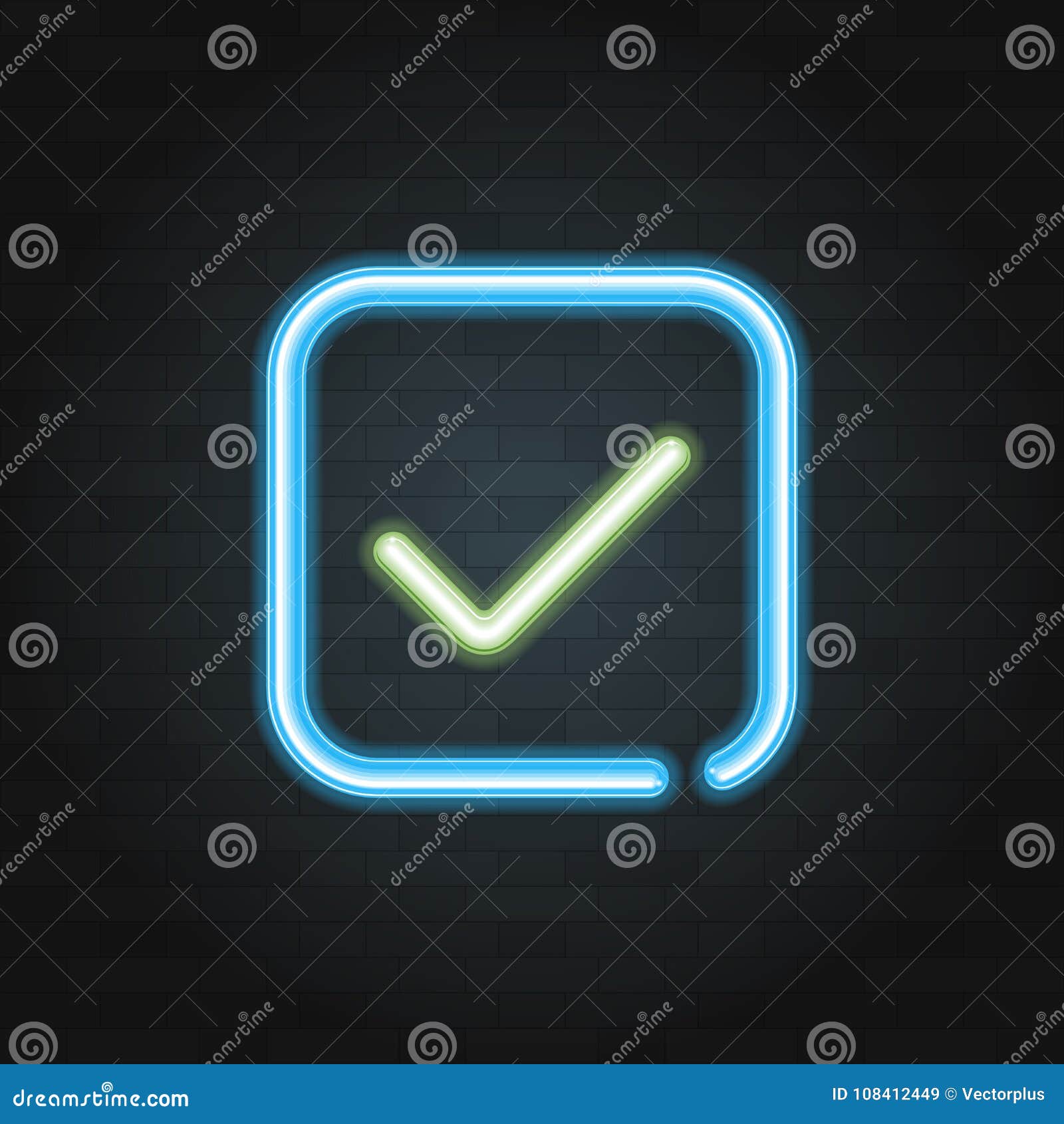 Check Mark Line Symbol Neon Light in Black Brick Background. Vector ...