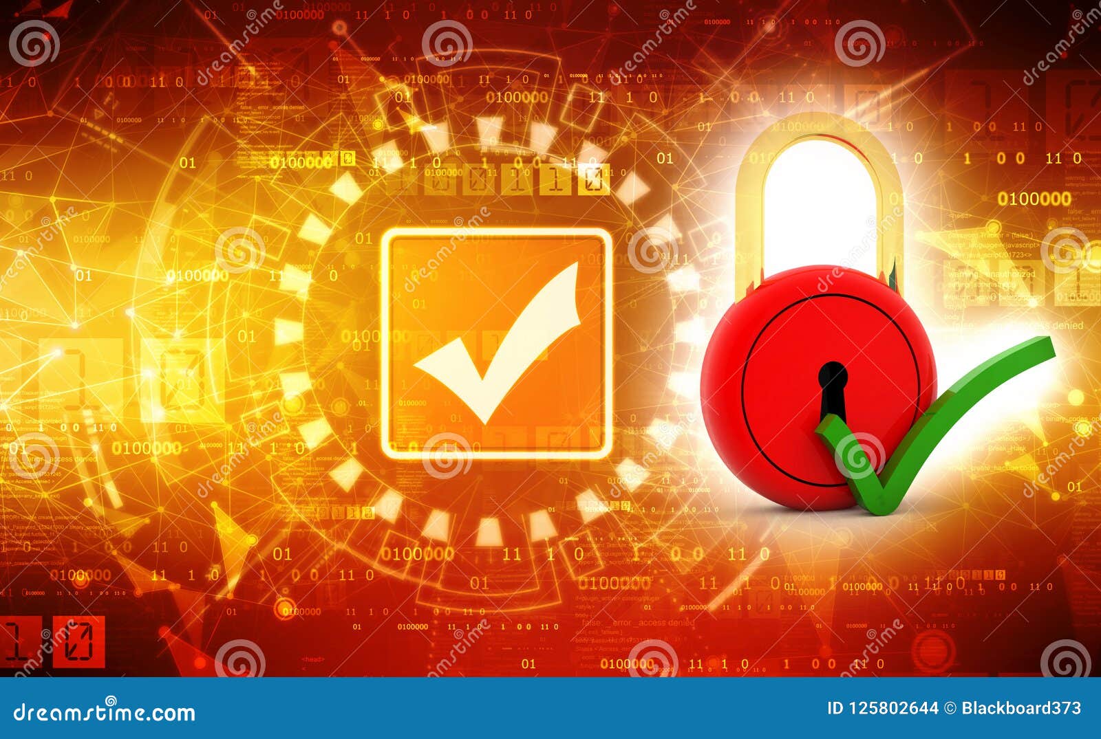 Lock with Check Mark in Digital Background Stock Illustration ...
