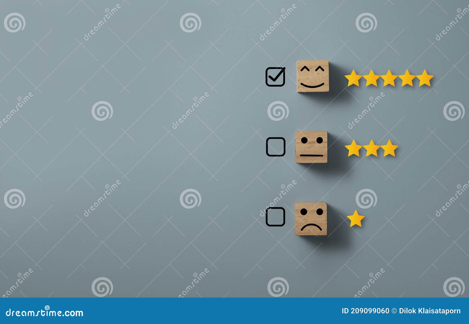 Check Mark To Select Smile Face with Five Stars on Blue Background ...