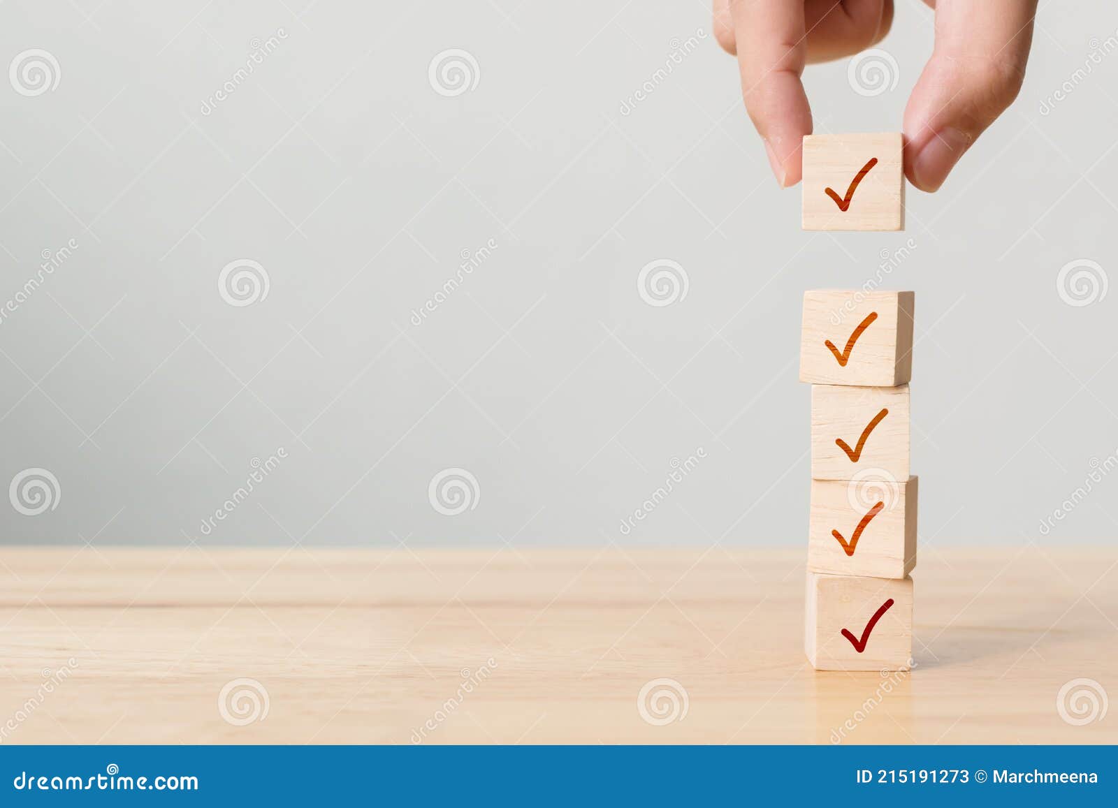 Check Mark on Wooden Blocks on Table with Copy Space Stock Image ...