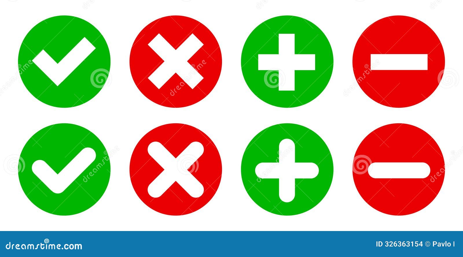 Check Mark, X Mark, Plus And Minus Symbol Set In Circle Shape Vector ...