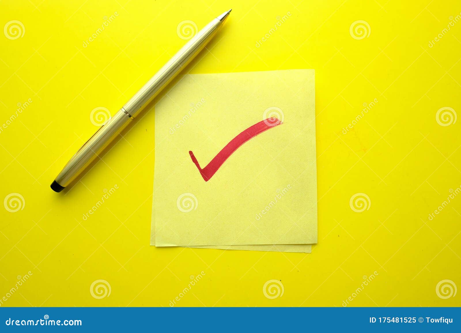 Check Mark on Yellow Paper with Pen Stock Image - Image of isolated ...