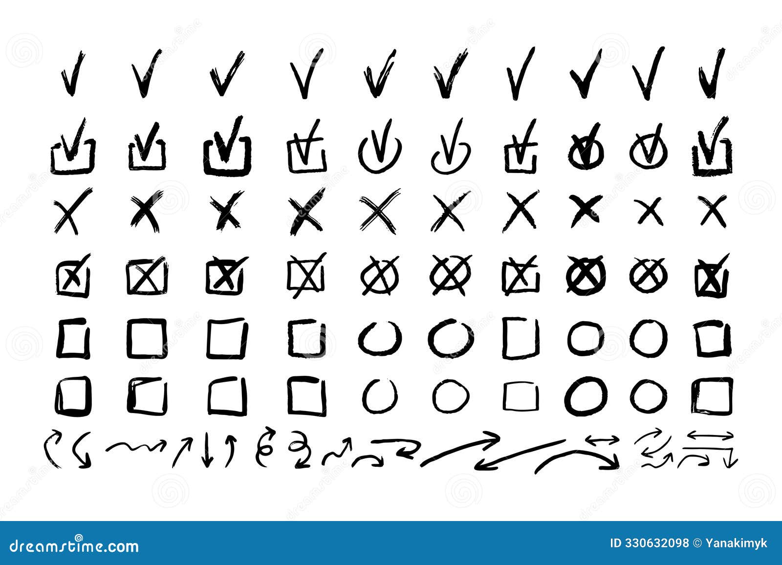 Check Marks Doodle Black Line Element Set, Tick and a Cross, Empty Thin ...