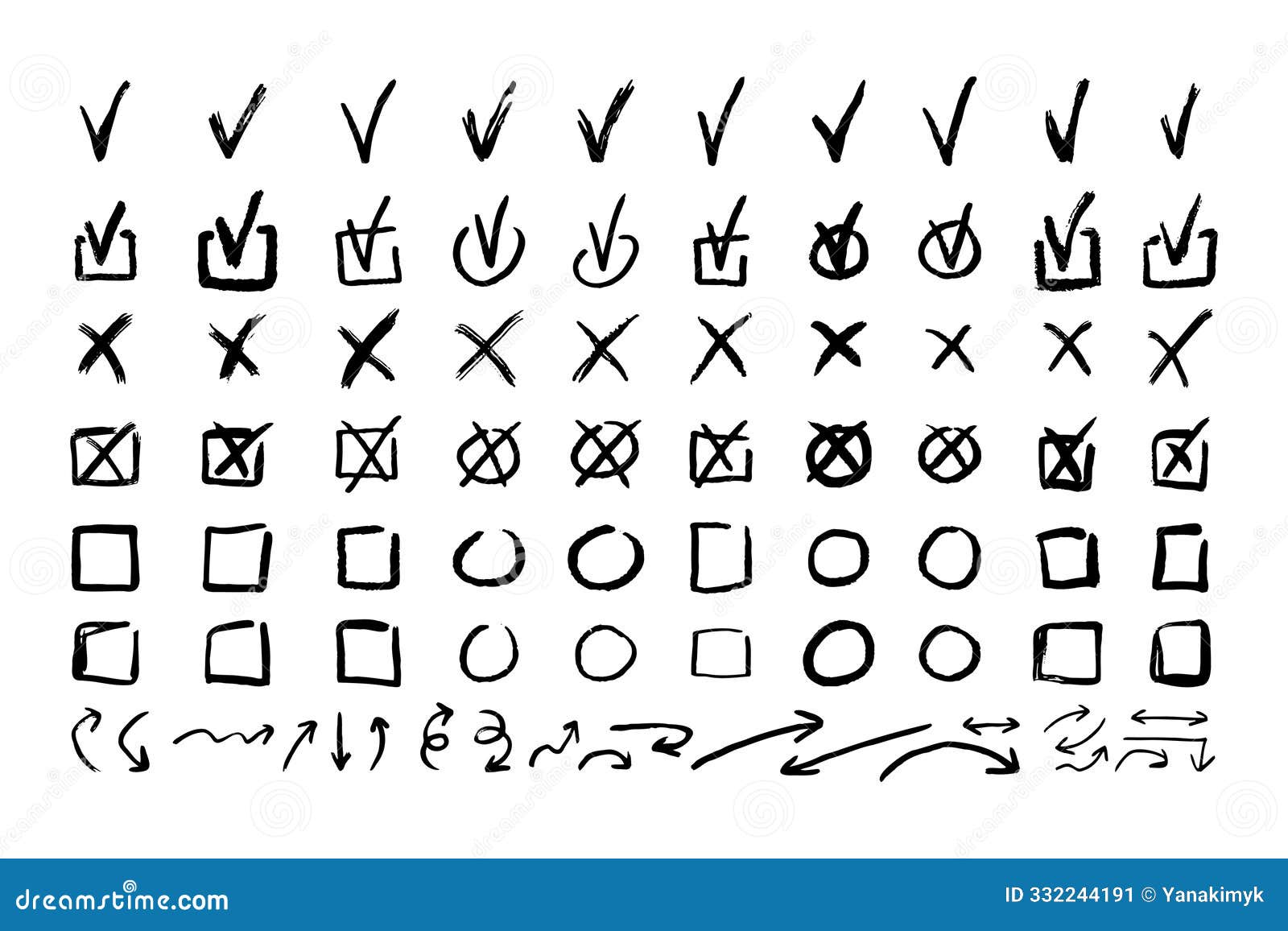 Check Marks Doodle Black Line Element Set, Tick and a Cross, Empty Thin ...