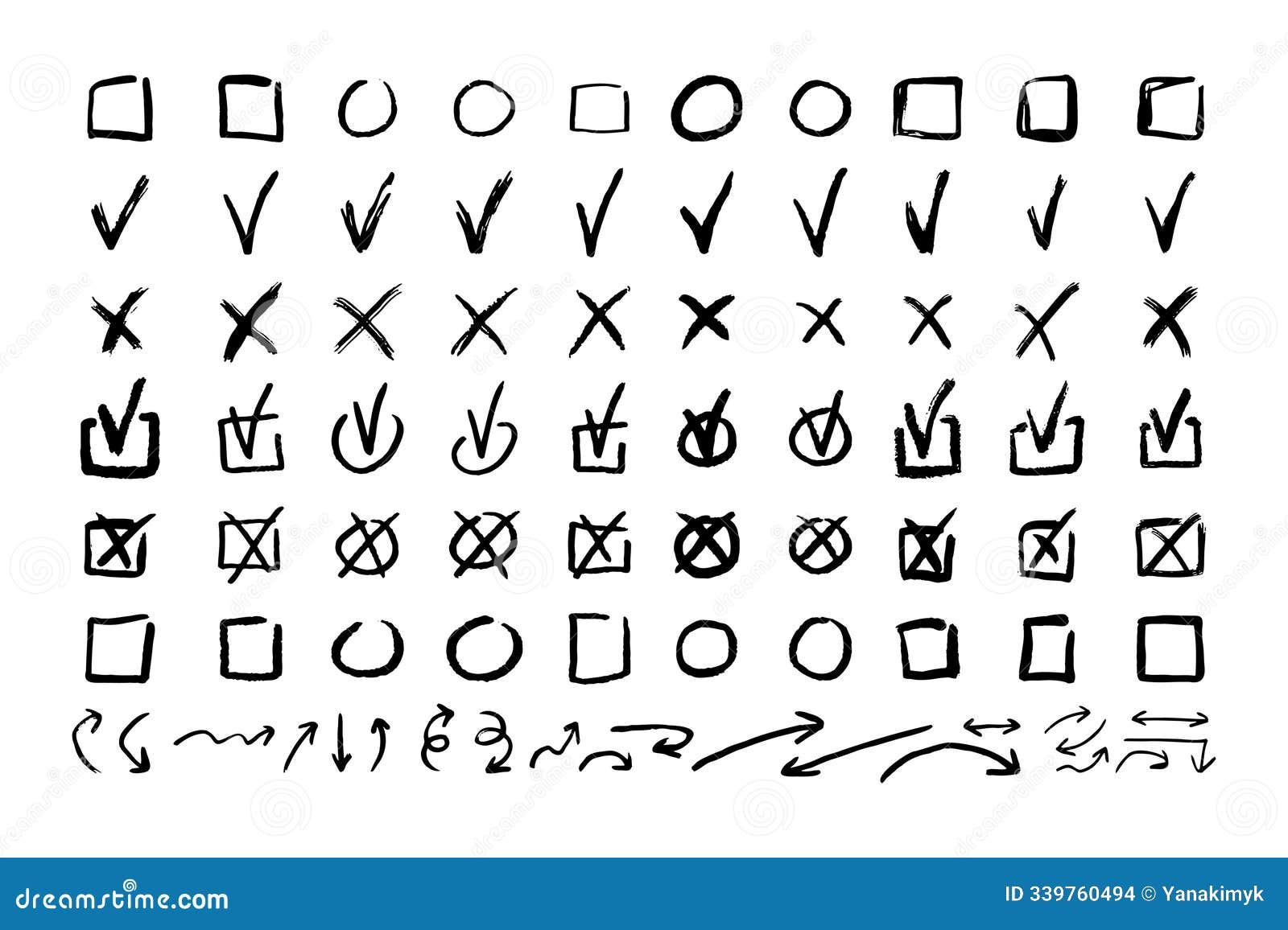 Check Marks Doodle Black Line Element Set, Tick and a Cross, Empty Thin ...