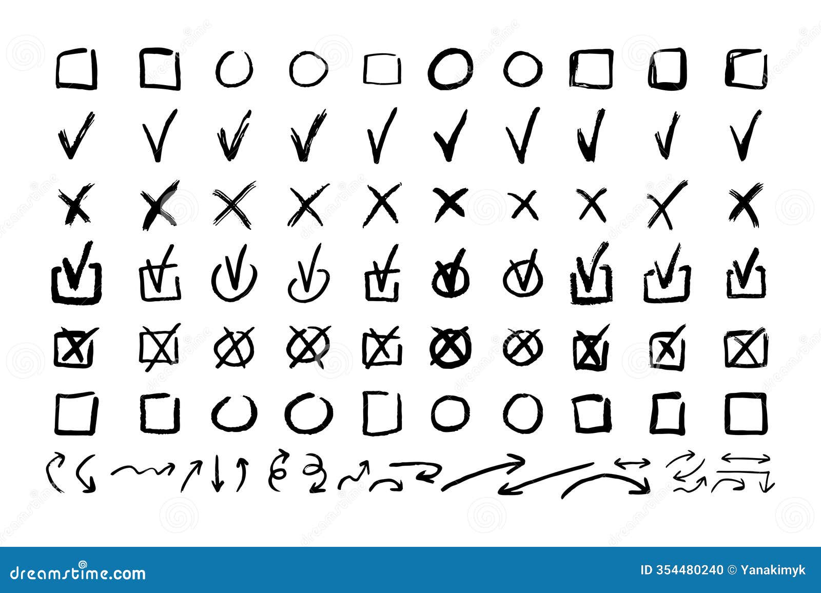 Check Marks Doodle Black Line Element Set, Tick and a Cross, Empty Thin ...
