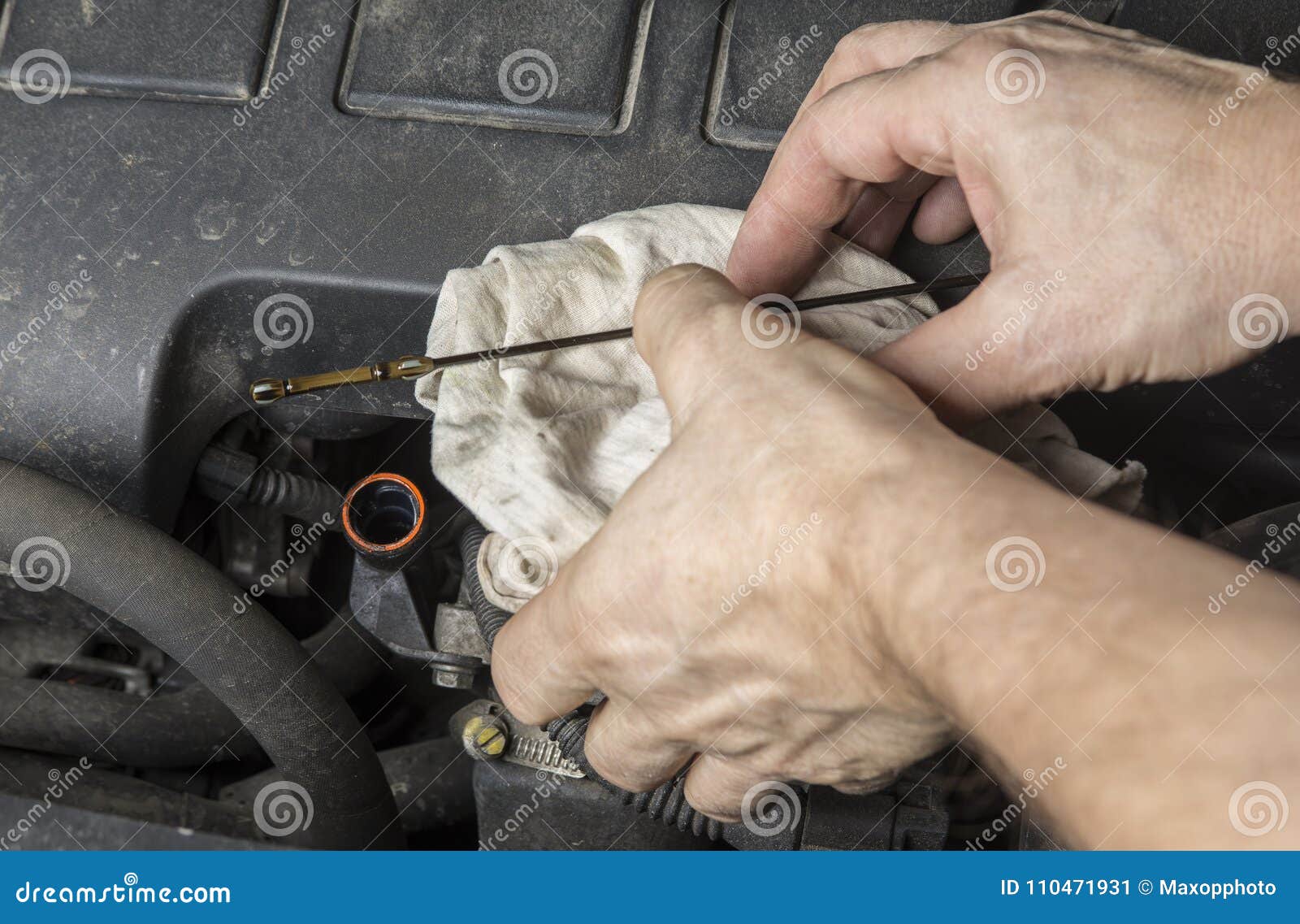 Check Oil Level at Dipstick Mark in Car Engine. Stock Image - Image of ...