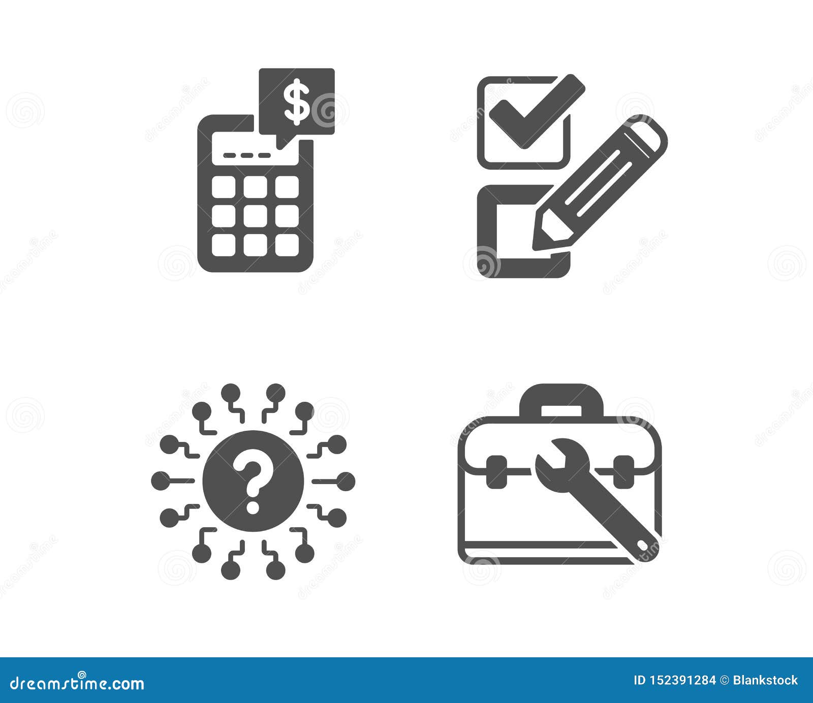 Checkbox, Calculator and Question Mark Icons. Tool Case Sign. Survey ... Checkbox, Calculator and Question Mark Icons. Tool Case Sign. Survey ...