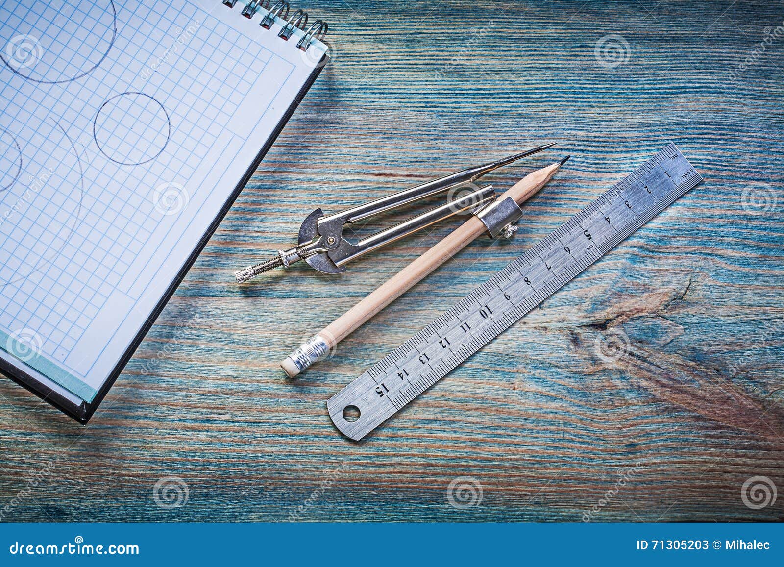 Checked Copybook Ruler Divider Pencil on Vintage Wood Board Stock Image ...