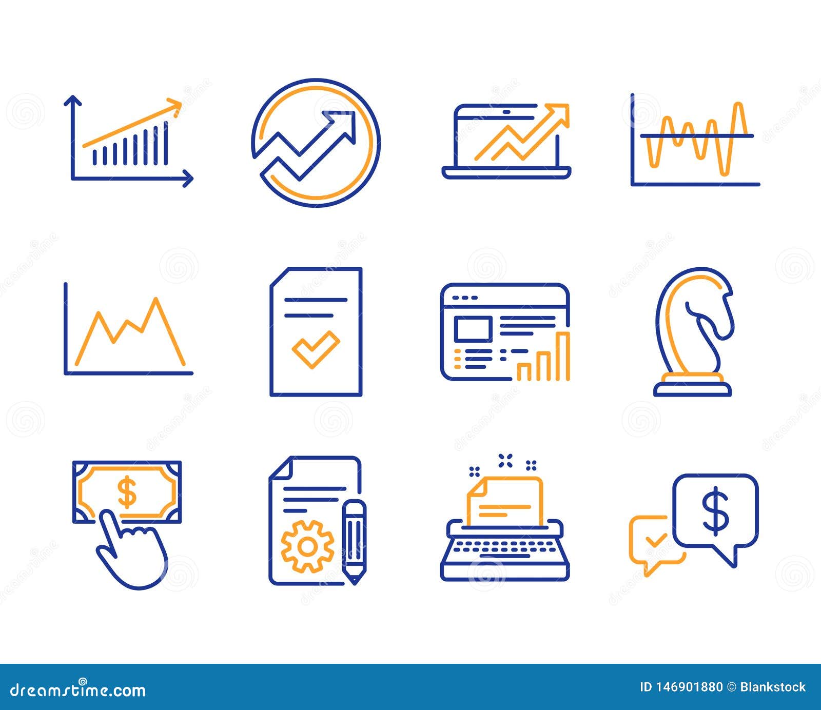 Checked File, Diagram and Typewriter Icons Set. Web Report, Stock ...