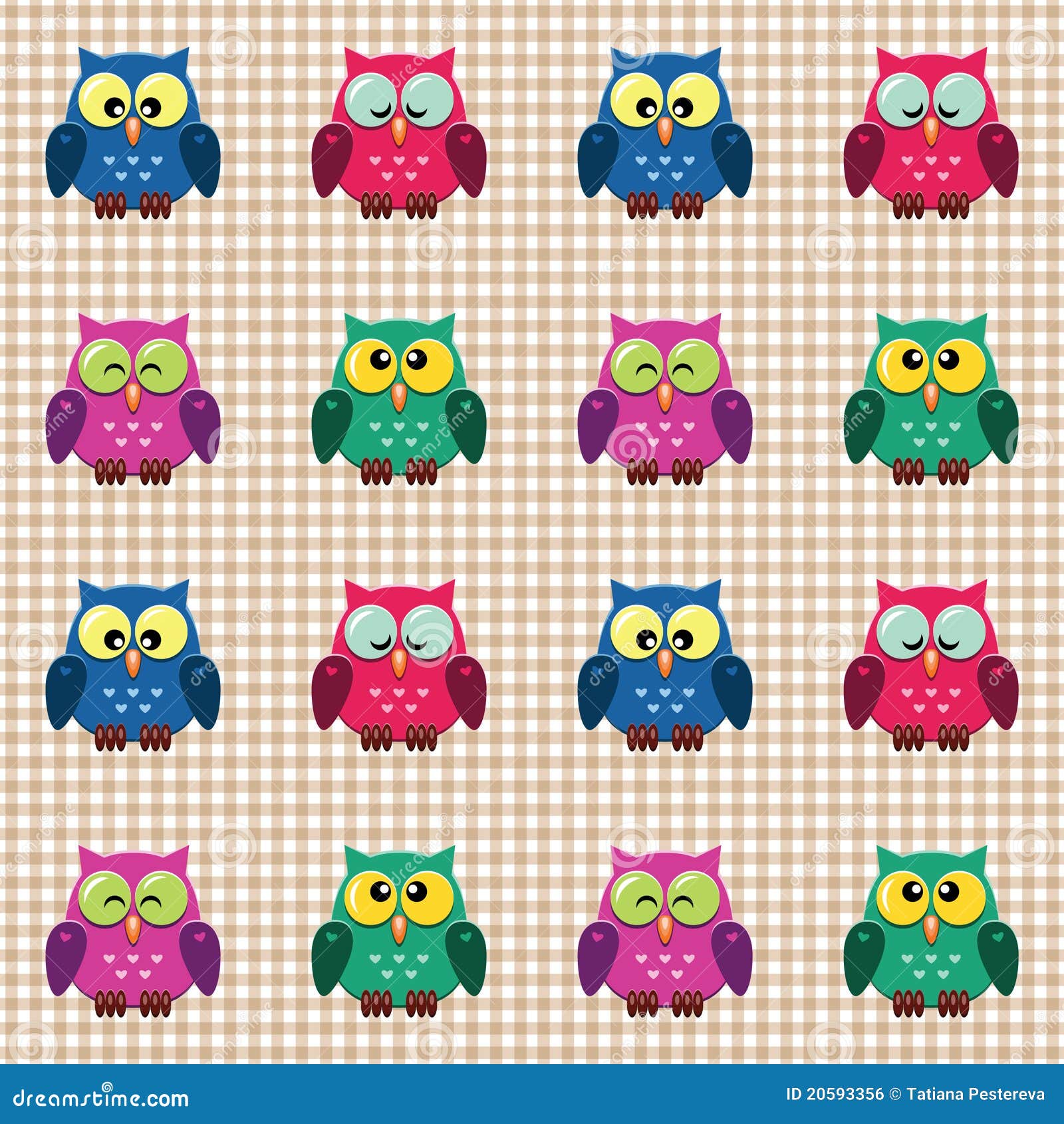Checked Pattern with Cute Owls. Stock Vector - Illustration of retro ...