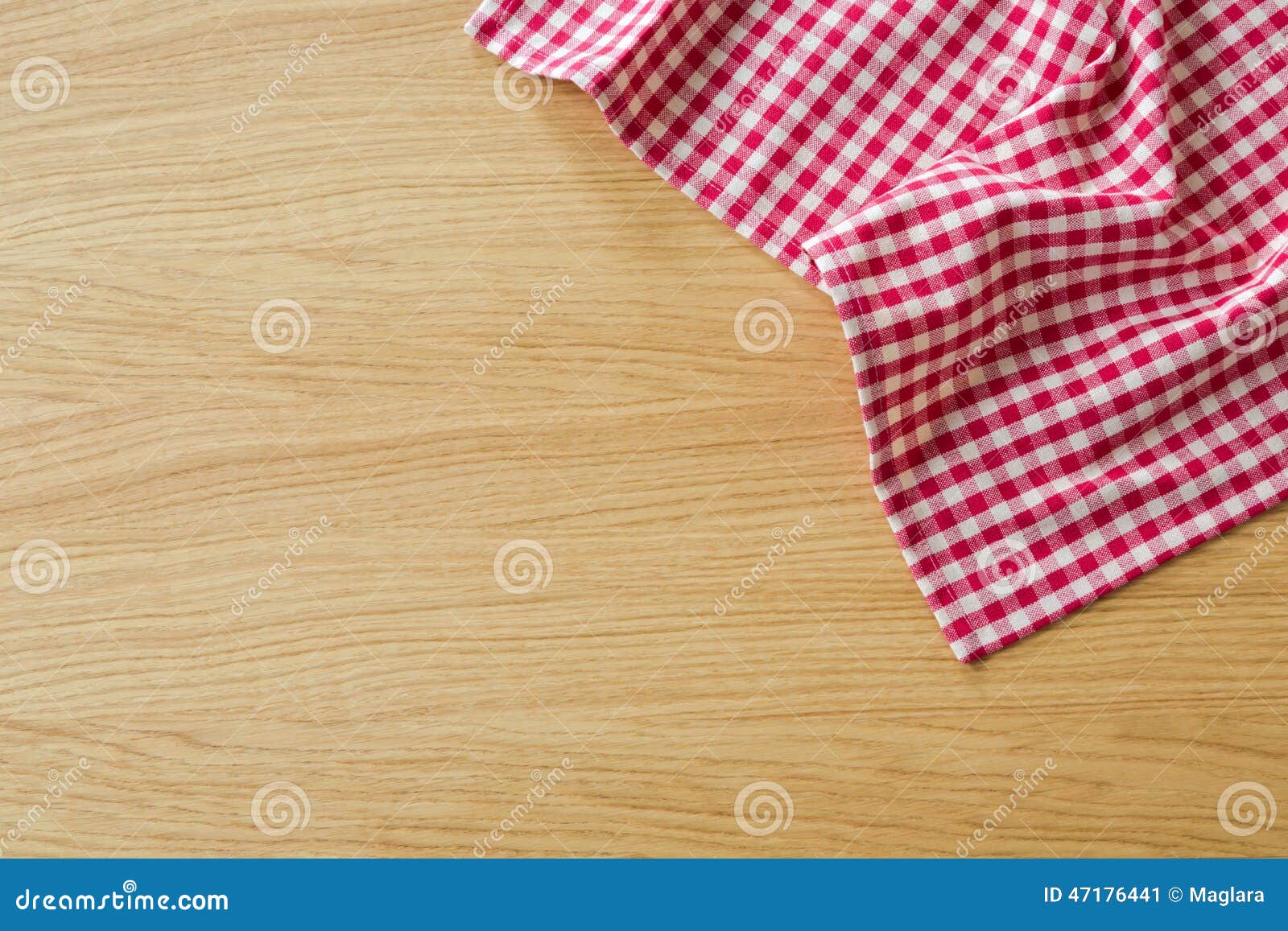 Checked Tablecloth on Wooden Table. View from Above with Copy Space ...