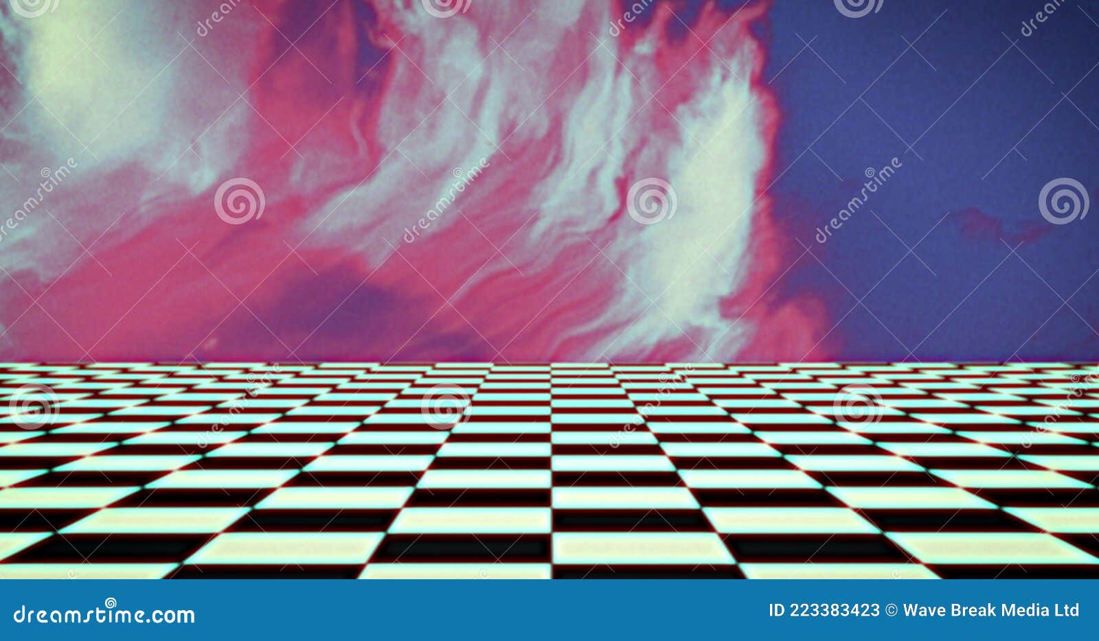Checker Board Pattern Moving Against Pink Smoke on Blue Background ...