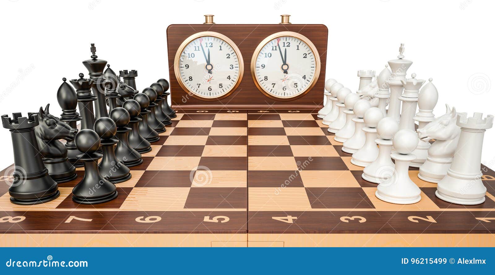 Checkerboard with Figures and Chess Clock, 3D Rendering Stock ...