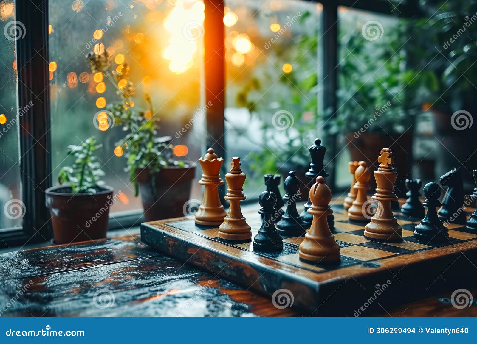 Checkerboard with Pieces on it in Front of Plant and Window. Generative ...