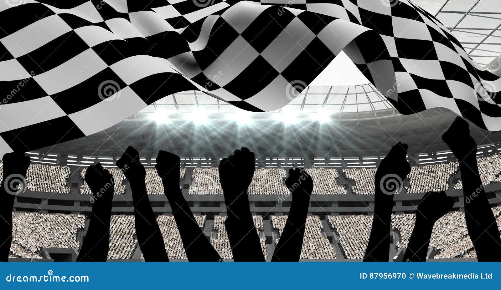Checkered Flag Waving in Stadium Stock Photo - Image of silhouette ...