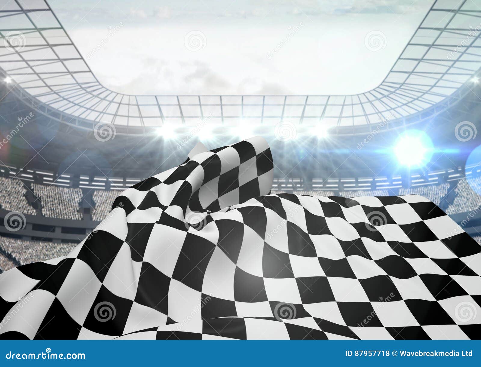 Checkered Flag Waving in Stadium Stock Photo - Image of black, waving ...