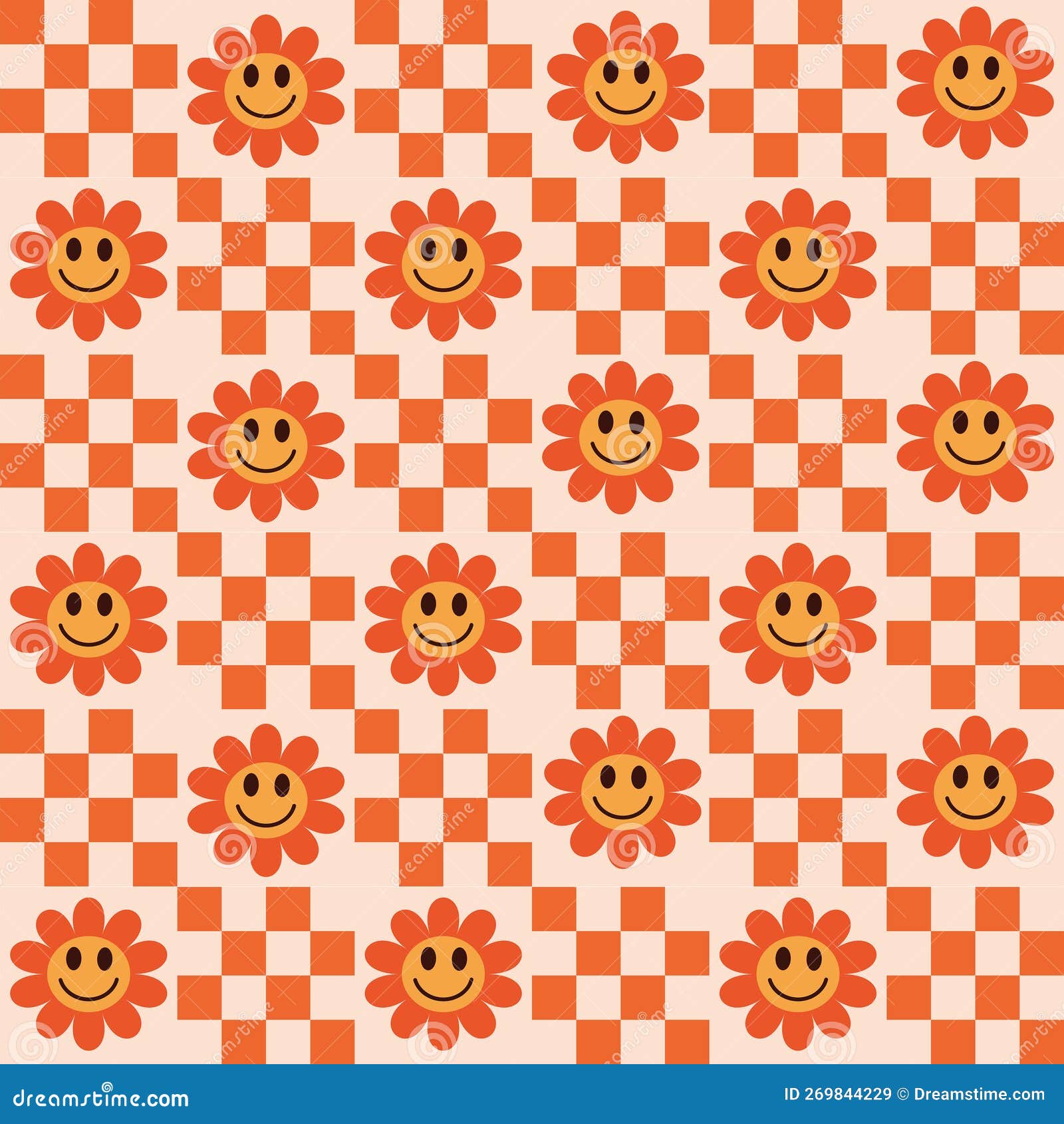 Checkered Smiley Orange Flowers Seamless Pattern with Little Squares ...