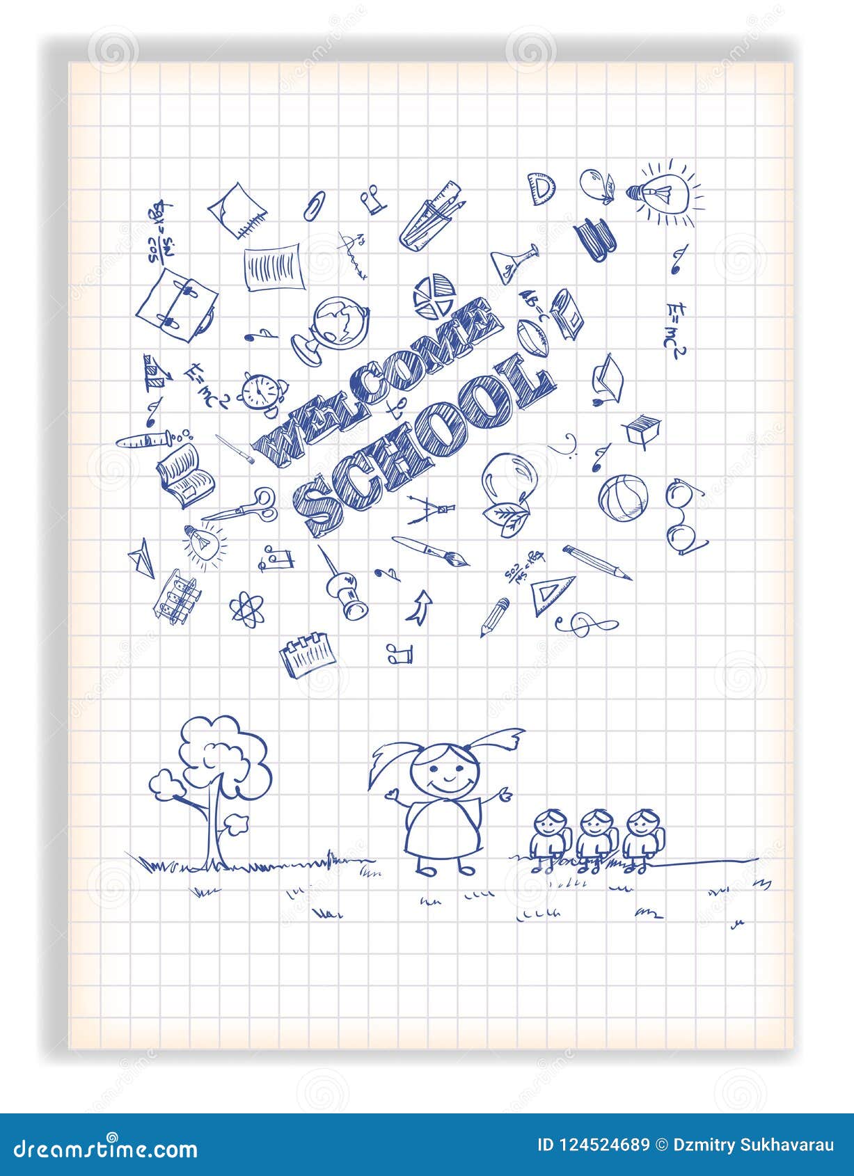 Checkered Leaf with Drawings on the School Theme Stock Illustration ...