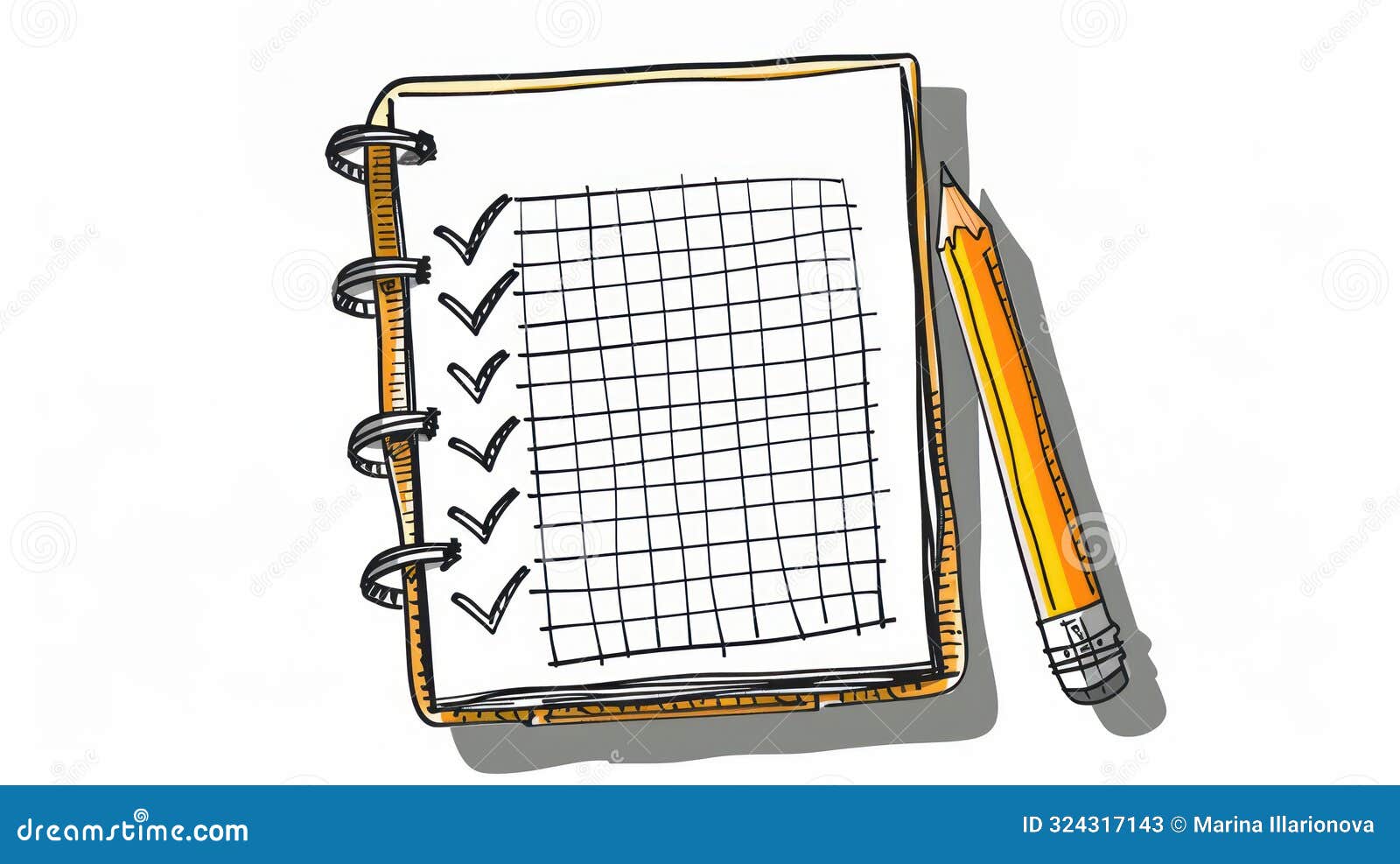 Checkered Notebook with Check Sheet and Pencil, Sketch Illustration ...