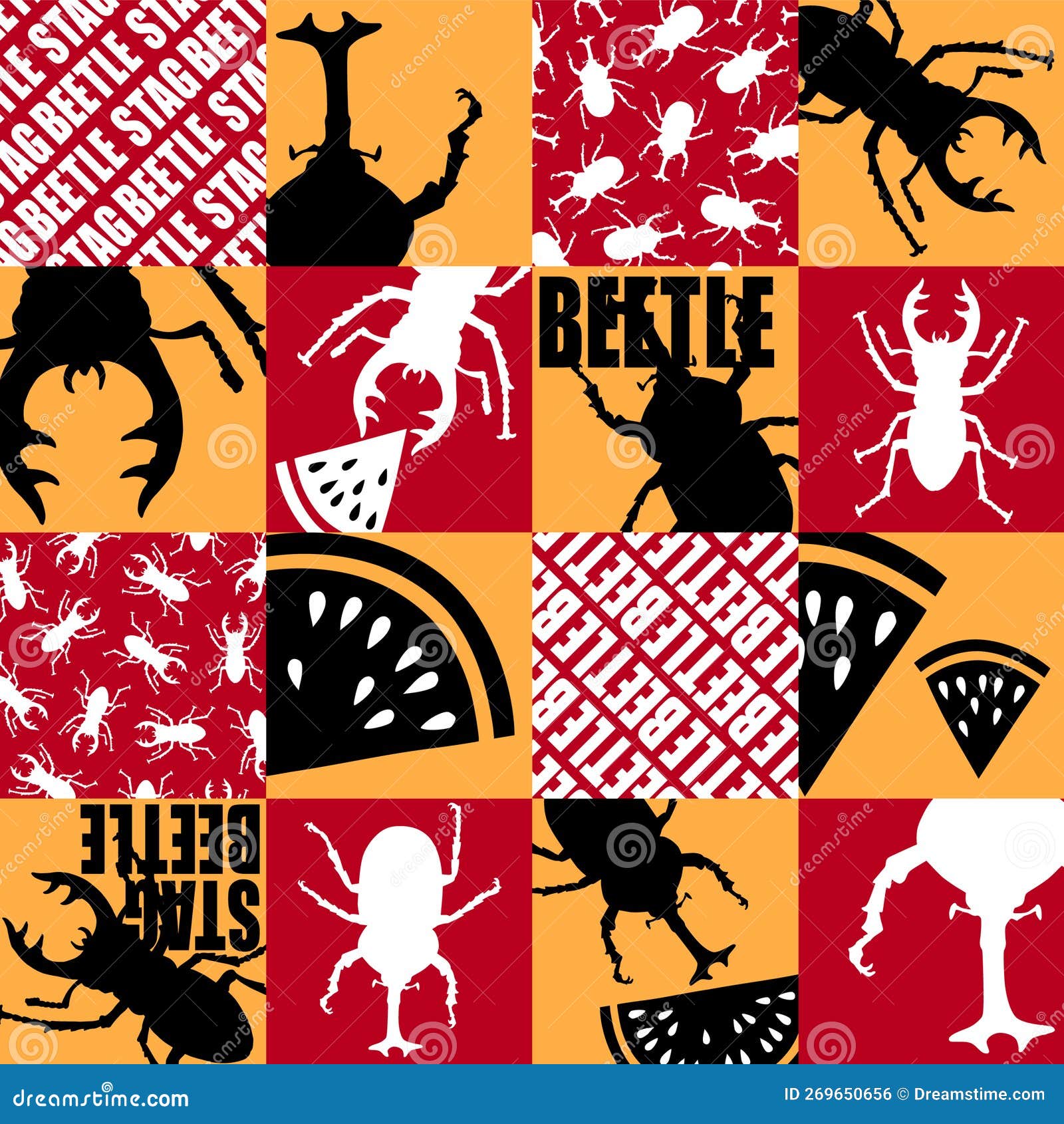 Checkered Pattern With Beetles And Stag Beetles, Vector Illustration ...