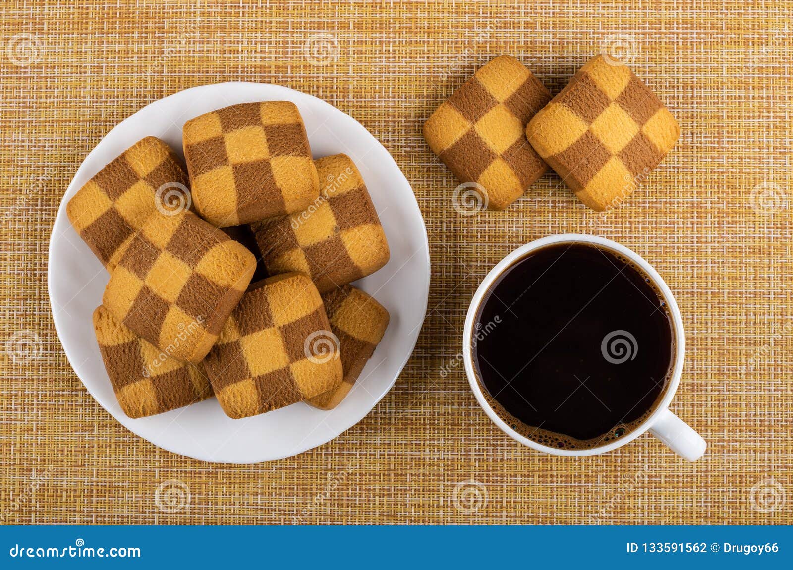 Checkered Shortbread Cookies in Plate, Cup of Coffee, Cookies on Stock ...