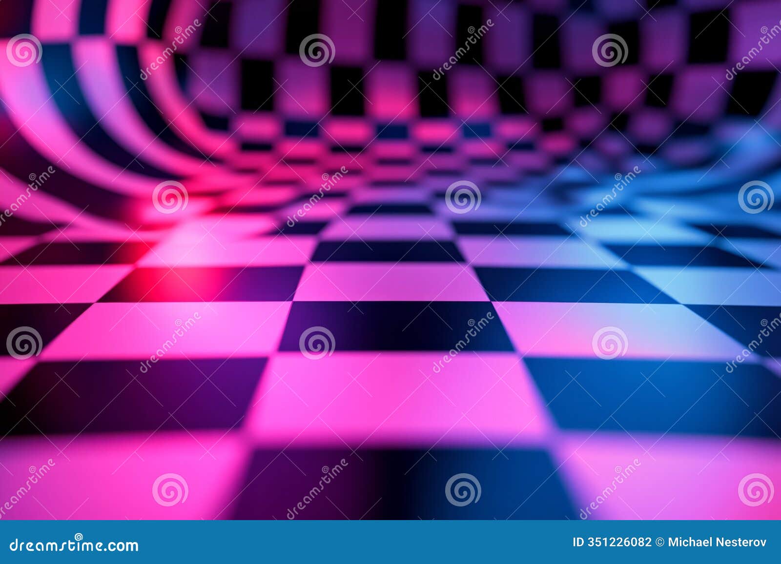 Checkered Surface Illuminated with Pink and Blue Neon Lights, Forming a ...