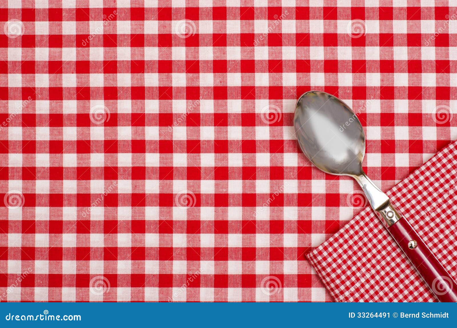Checkered Table Cloth with Red and White Checks and a Spoon Stock Image ...