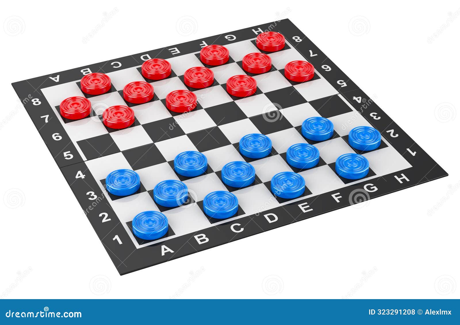 Checkers Game Board with Blue and Red Pieces, 3D Rendering Stock ...
