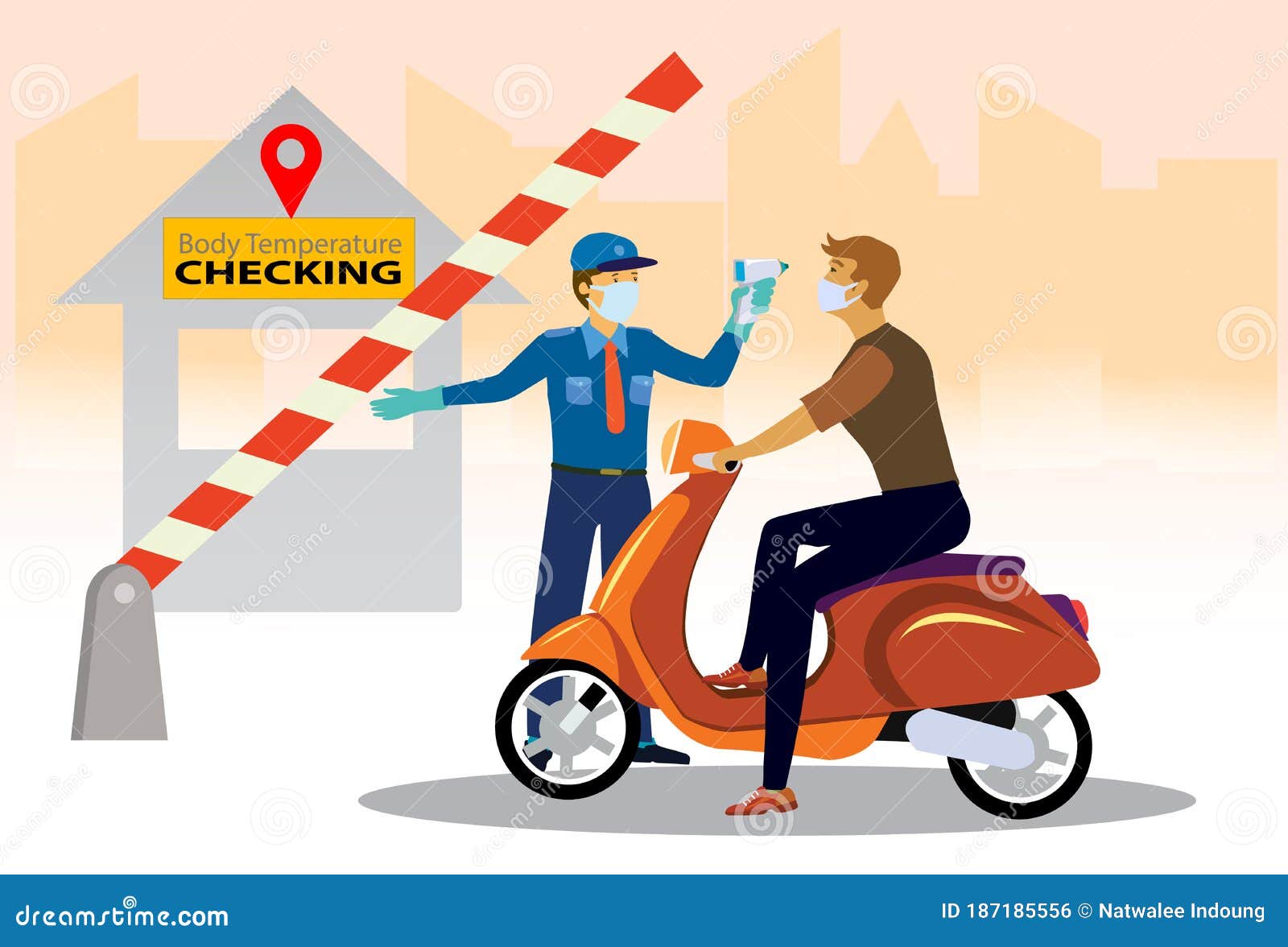 Checking Body Temperature Concept. a Man on Motor Bike at Check Point ...