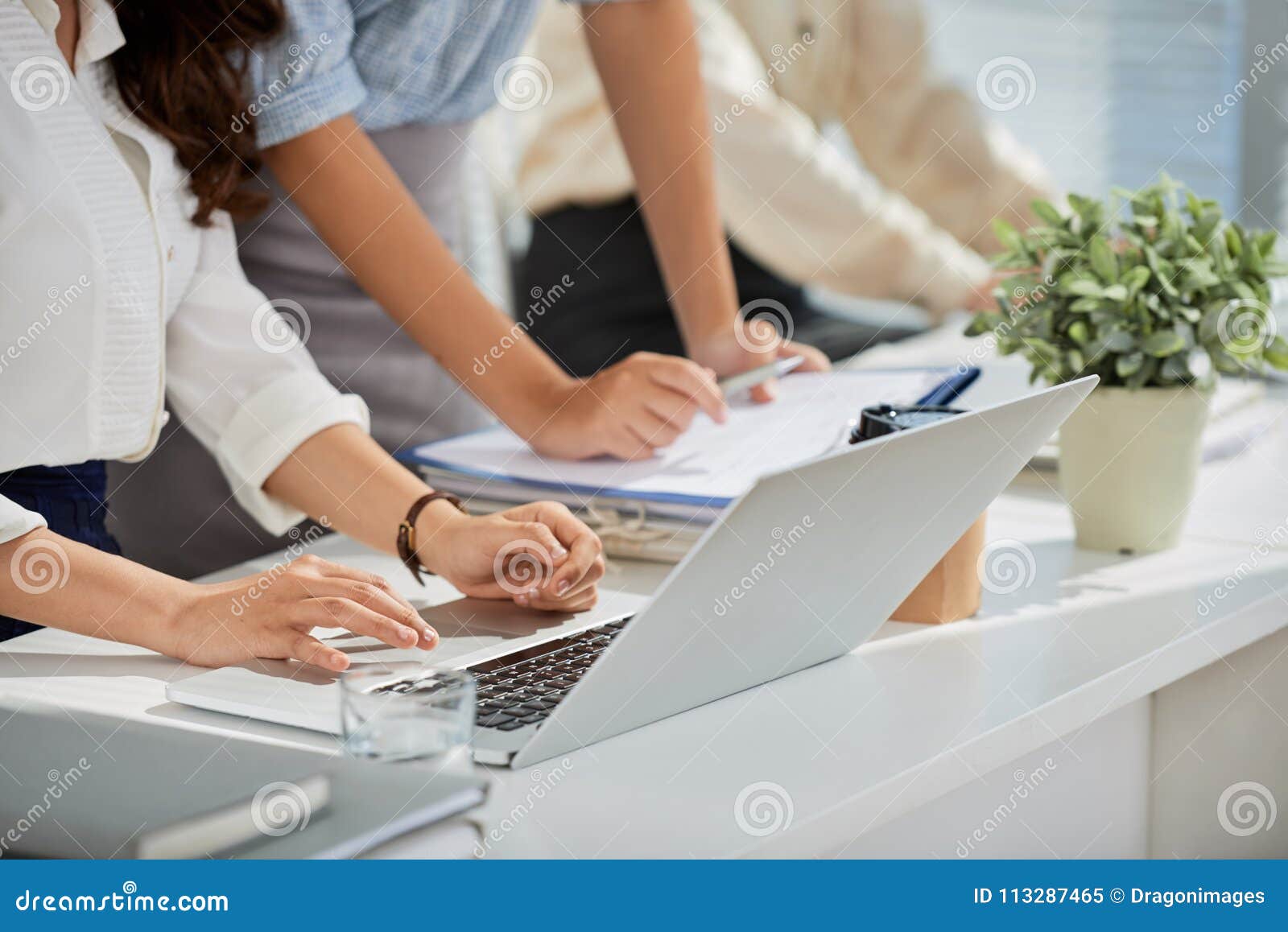 Checking data on laptop stock image. Image of table - 113287465
