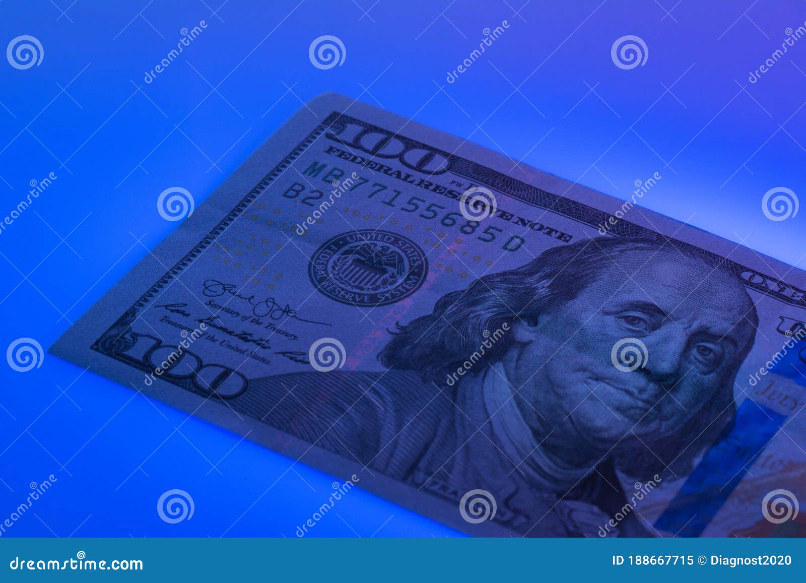 Checking 100 Dollar Banknote with Ultraviolet Lamp. Examining Hundred ...