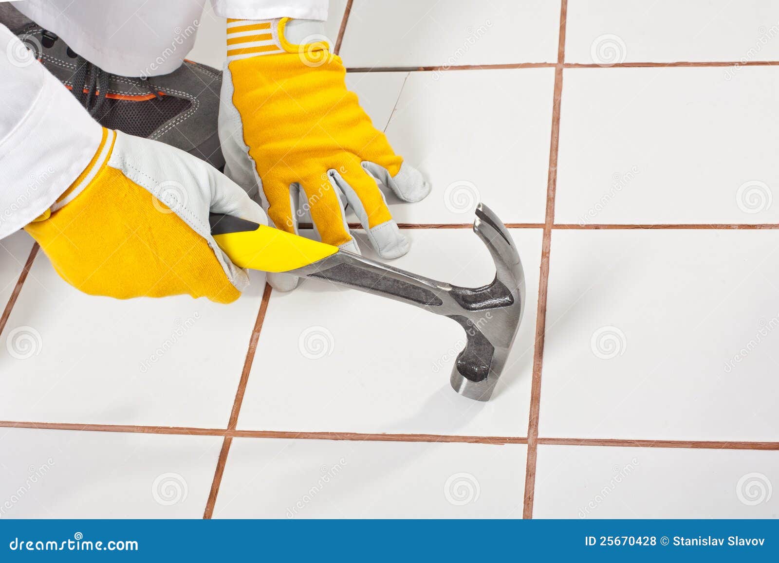 Checking Old Tiles Base with Hammer Stock Photo - Image of worker ...