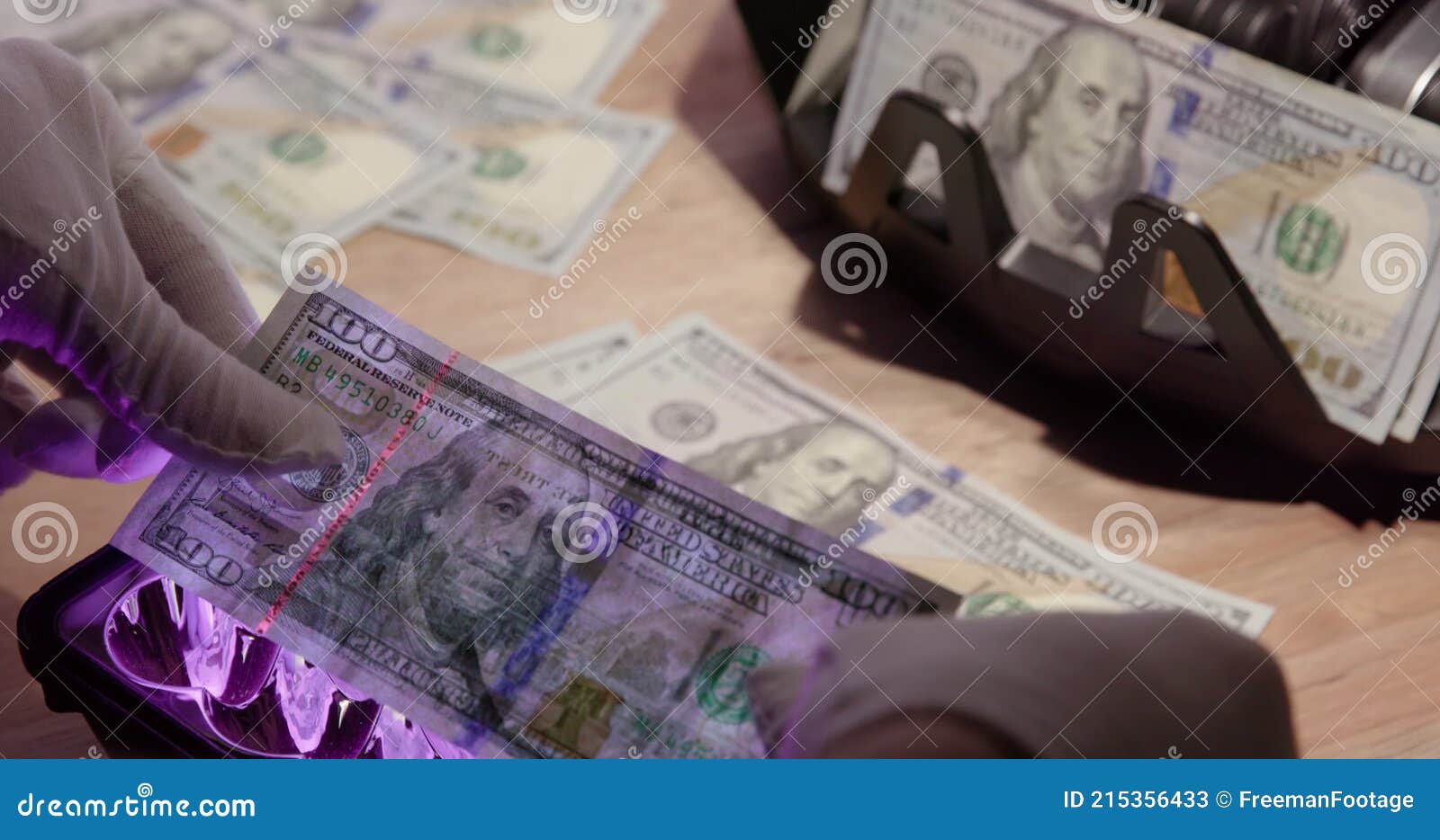 Checking USD 100 Dollar Bill with Uv Scanner and Magnifying Glass ...