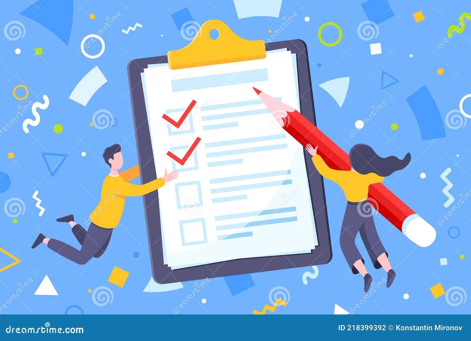 Man With Pencil At Giant Task List With Tick Marks. Successful Tasks ...