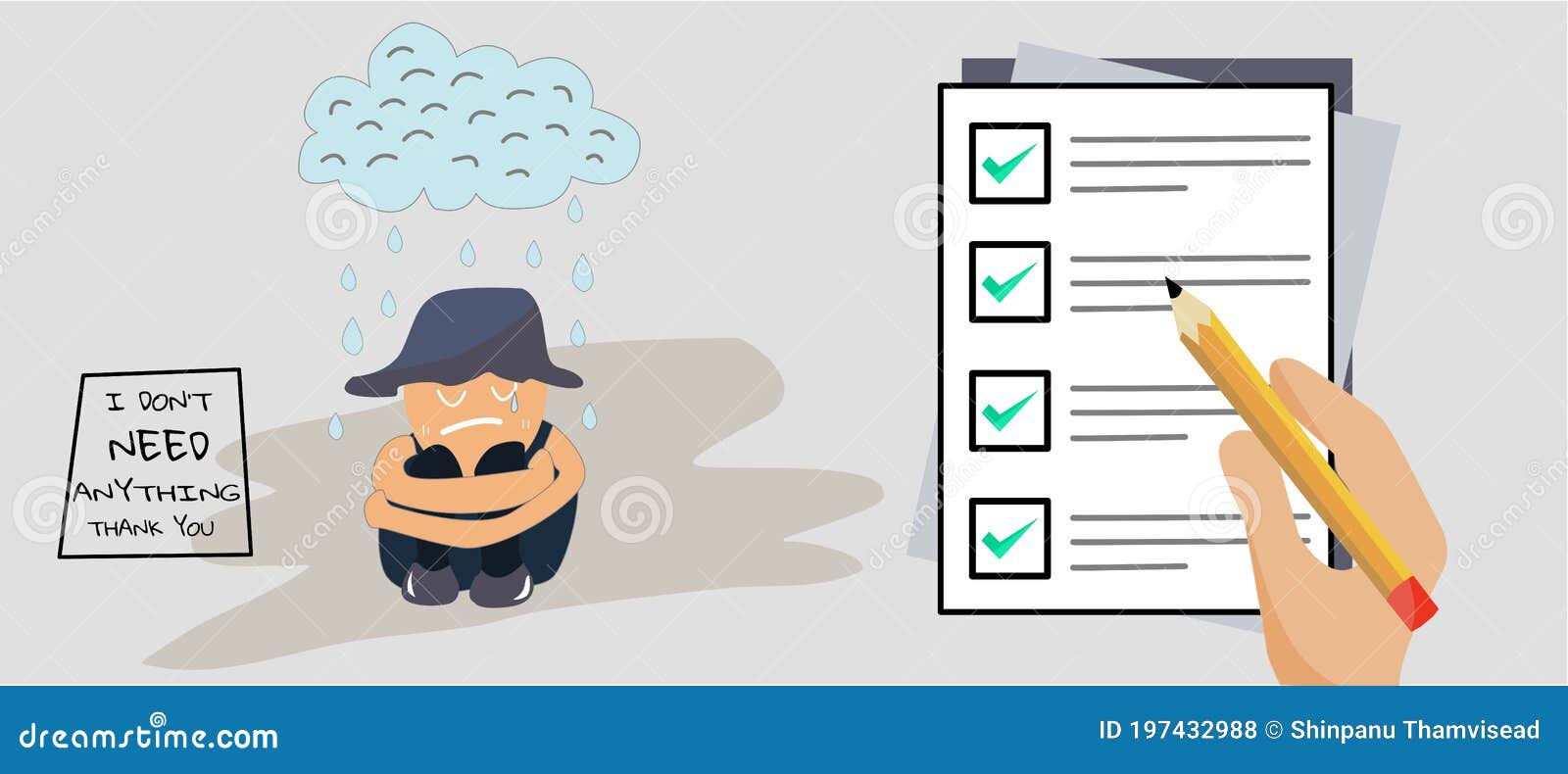 Checklist Depression. a Man Cry Unhappy Sitting Under Rain Cloud Stock ...