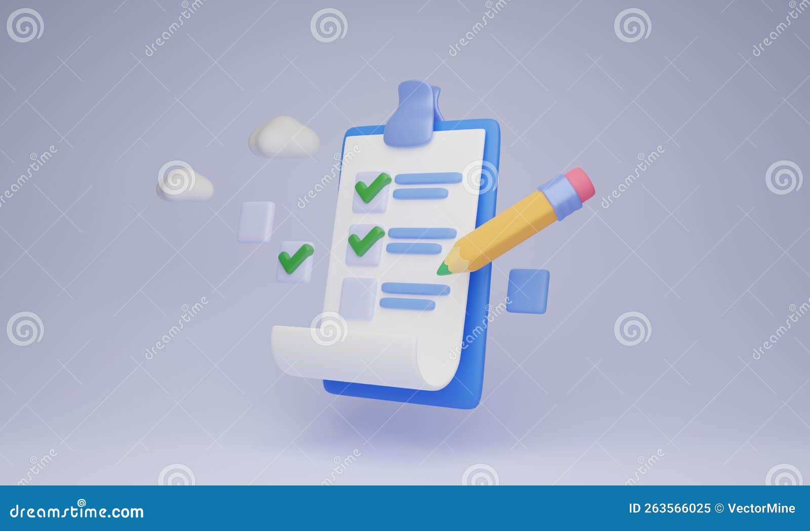 Checklist Document with Filled Check Marks and Pencil, 3D Illustration ...