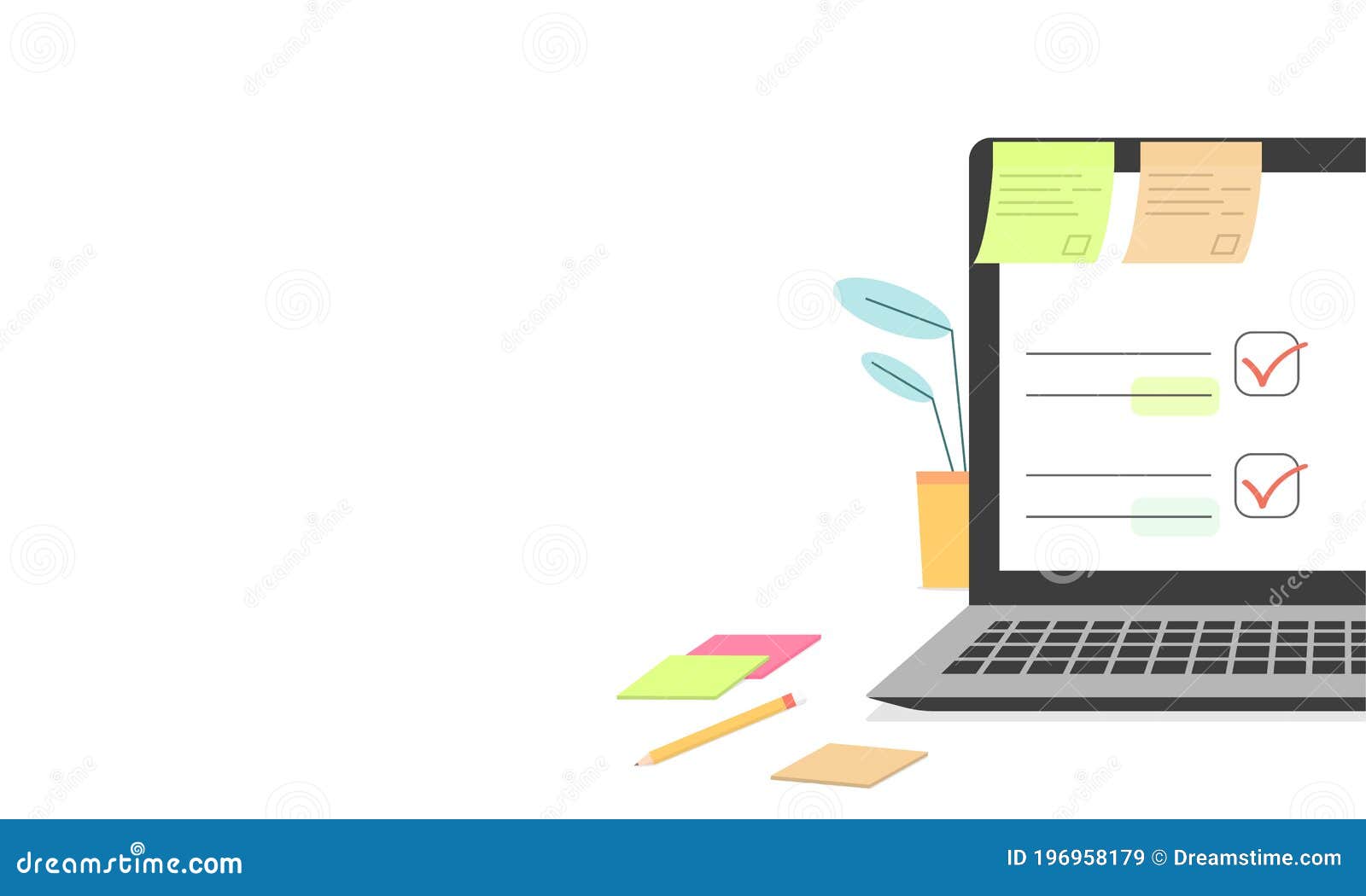 Checklist Document in Laptop and Working Desk Vector. Cartoon Computer ...