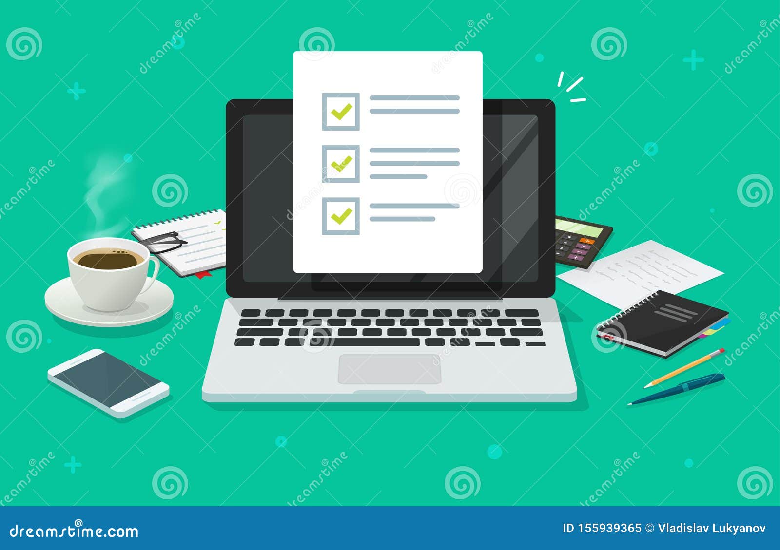 Checklist Document in Laptop and Working Desk Vector. Cartoon Computer ...