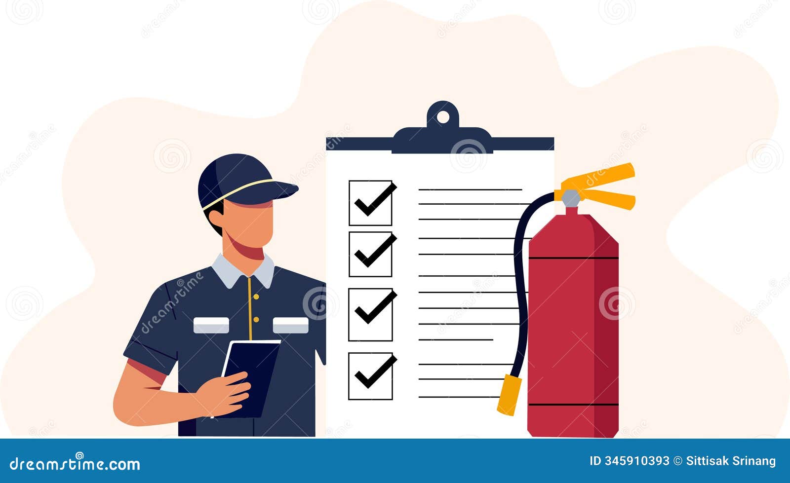 Fire Safety Checklist with Extinguisher and Inspector in Uniform. Stock ...
